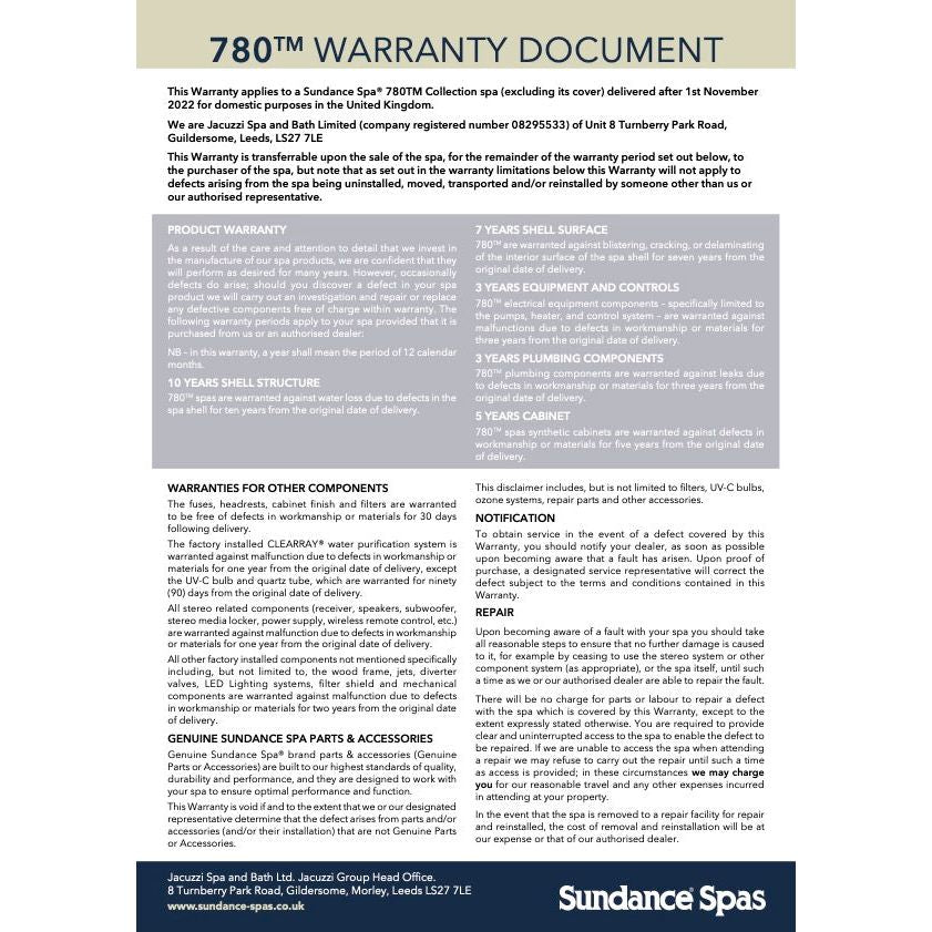 Sundance 780 Series Warranty – My Hot Tub Shop
